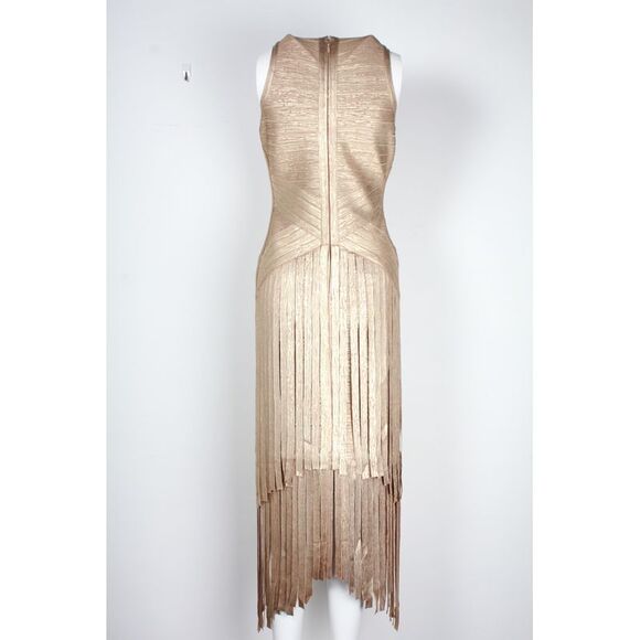 Herve Leger | Dresses | Herve Leger Tiered Fringed Metallic Midi Dress ...